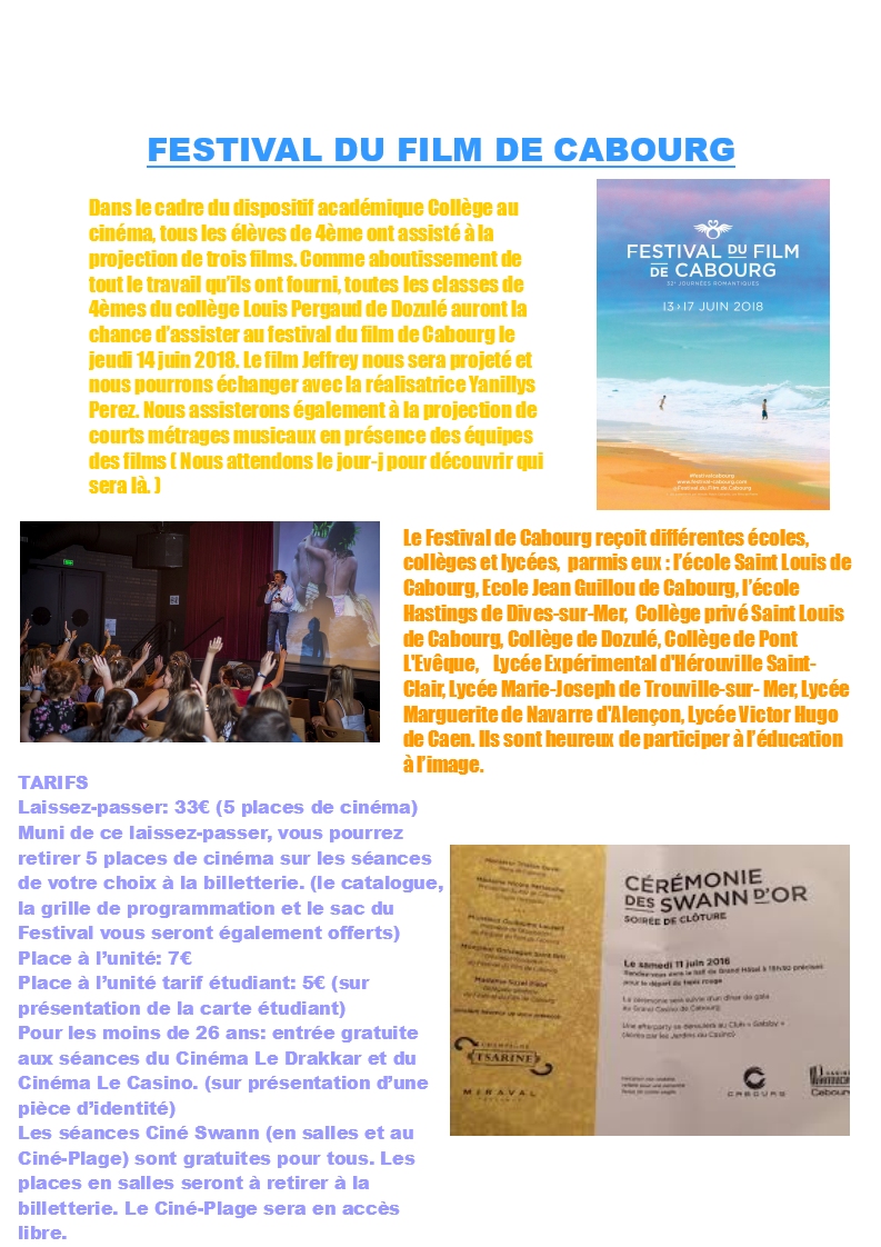 FESTIVAL DU FILM DE CABOURG - Collège Louis Pergaud de Dozulé (14)